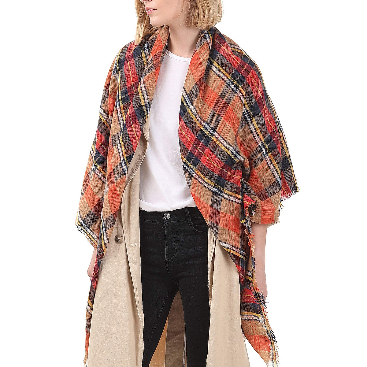 Trendy Women's Cozy Warm Winter Fall Blanket Scarf Stylish Soft Chunky Checked Giant Scarves Shawl Cape Orange