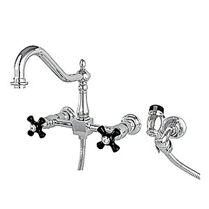 Kingston Brass KS1241PKXBS Duchess Wall Mount Bridge Kitchen Faucet with Brass Spray, Polished Chrome, 8-1/2 inch in Spout Reach