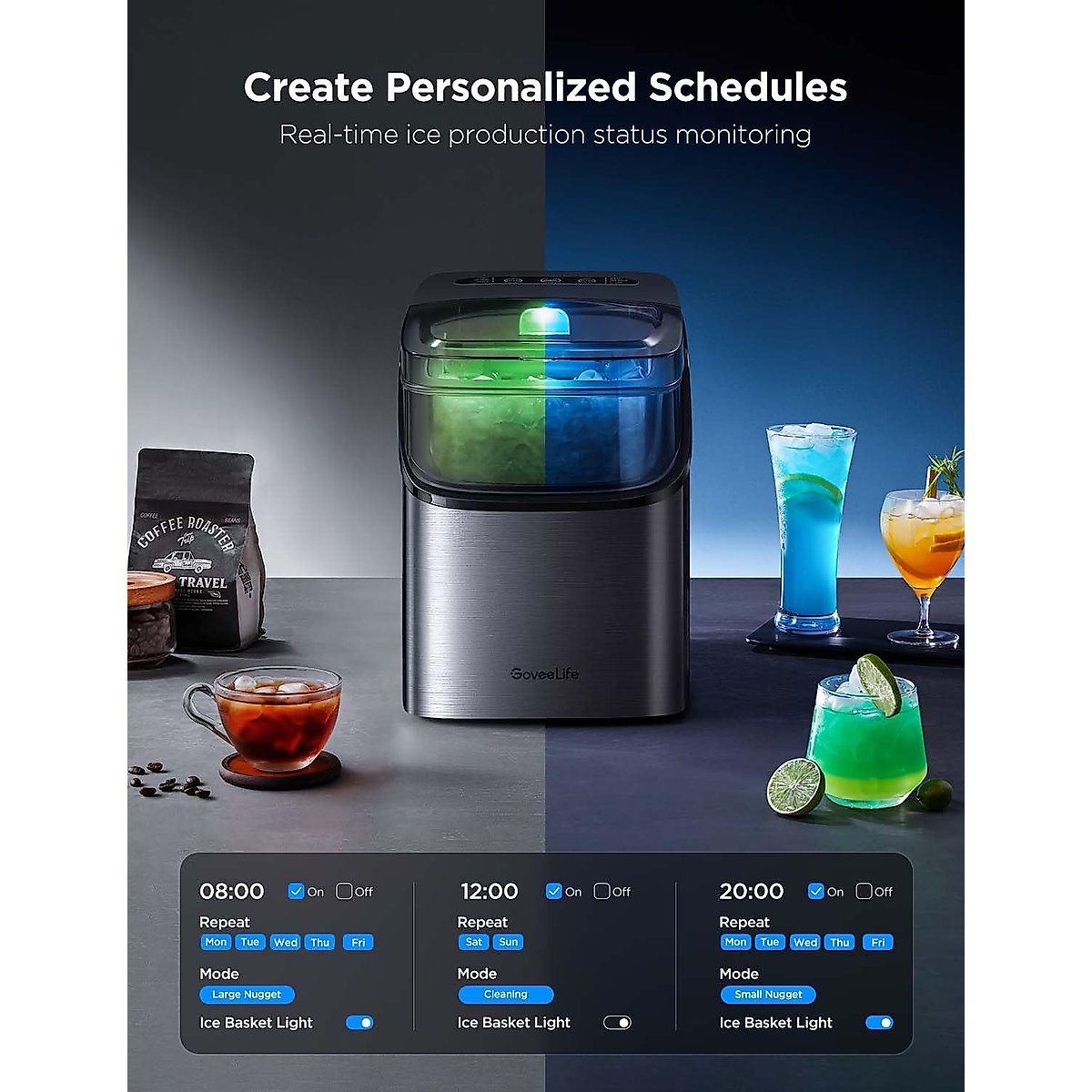 GoveeLife Smart Ice Maker Countertop, Portable Ice Machine with Voice Control, 9 Ice Cubes in 6 Minutes 3 Sizes, 26lbs/24Hrs, Self Cleaning RGB Lights, Quiet Ice Maker with Scoop for Kitchen Silver