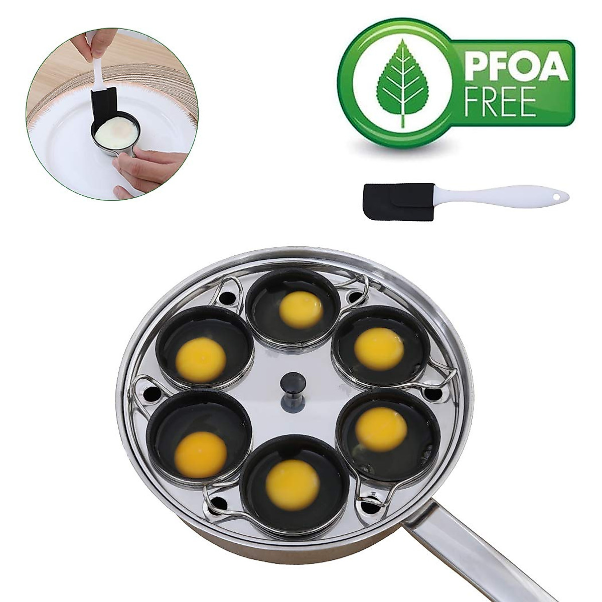 6 Cups Egg Poacher Pan - Stainless Steel Poached Egg Cooker – Induction Cooktop Egg Poachers Cookware Set with 4 Nonstick Large PFOA FREE Egg Poacher Cups and Silicone Spatula