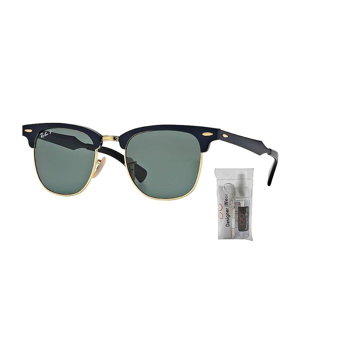 Ray-Ban RB3507 CLUBMASTER ALUMINUM 136/N5 51M Black/Arista/Green POLARIZED Square Sunglasses For Men For Women + BUNDLE with Designer iWear Eyewear Kit