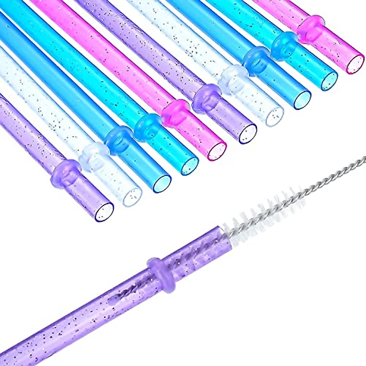 50 Pieces Reusable Drinking Straws Colorful Plastic Straws Clear Glitter Unbreakable Drinking Straws with Cleaning Brush for Home Party Supplies, 6 Colors (9 Inch)