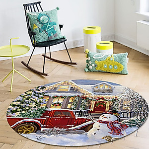 Christmas Snowman Round Area Rugs 5 ft Diameter Indoor Mats Farmhouse Happy New Year Red Truck Snowflake Xmas Tree Soft Living Room Bedroom Unique Carpet Woman Yoga Mat Home Decor