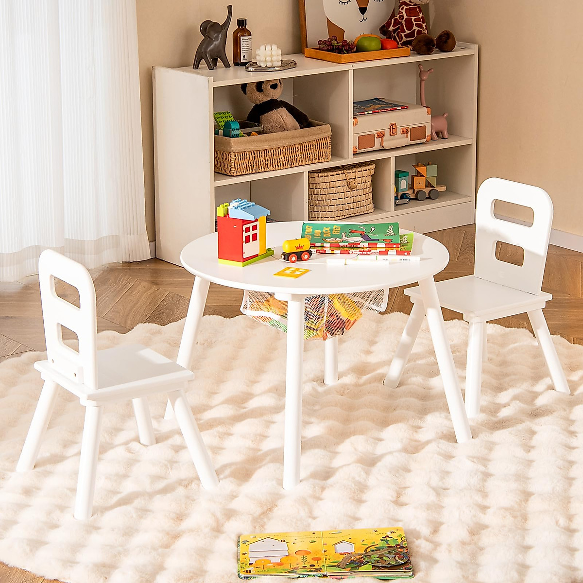 HONEY JOY Kids Table and Chair Set, Wooden Children Activity Table and 2 Chairs for Art & Craft, Storage Mesh Basket, 3-Piece Toddler Furniture Set for Daycare & Playroom, Gift for Boys Girls (White)