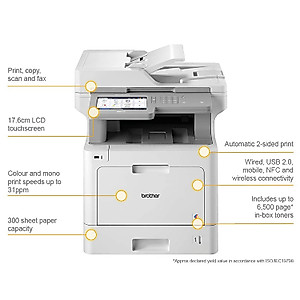 Brother Color MFC-L9570CDW All-in-One Wireless Business Laser Printer, White - Print Copy Scan Fax - 7" Touchscreen, 33 ppm, 600 x 2400 dpi, Auto Duplex Printing, 80-Sheet ADF, NFC+, USB, Ethernet