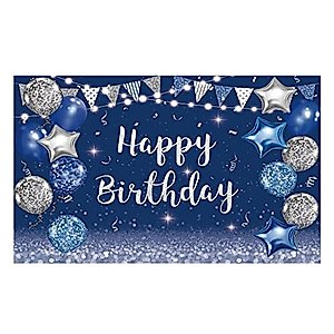 Funnytree Navy Blue Happy Birthday Party Backdrop Silver Glitter Balloons Background Boy Men Women Bday Event Favors Supplies Decoration Flag Background Selfie Photo Booth
