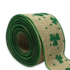 Saint Patrick's Day Fabric Ribbons, Brown Green Clovers Edge Wired Burlap Ribbon for St Patrick Day Irish Hanging Wrapping Party Gift Decoration Outdoor Crafts Supplies (2.5 Inch * 10 Yards * 1 Roll)