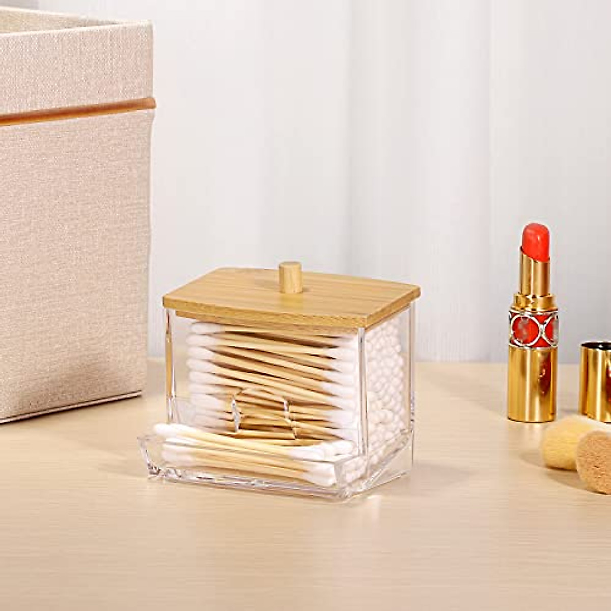Hipiwe Acrylic Q-Tip Holder with Bamboo Lid - Clear Q-Tips Dispenser Bathroom Containers Canister Cotton Swab Holder Bathroom Countertop Storage Organizer for Q-tip Cotton Swab