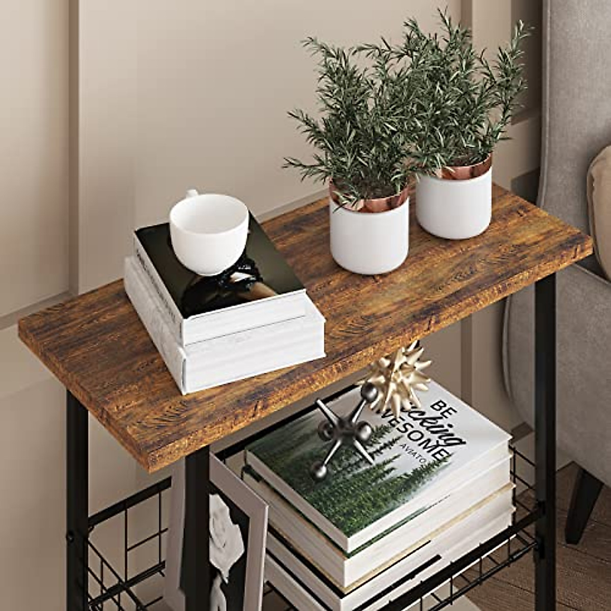 PROXRACER Side Table, 3-Tier End Table, Narrow Sofa Table Bedside Table, Small Nightstand with Storage Shelf for Living Room, Study, Bedroom, Rustic Brown
