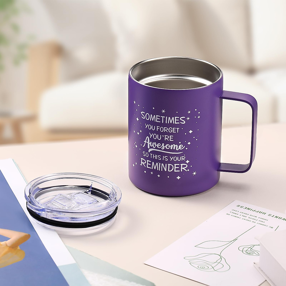 Inspirational Gifts for Women, Sometimes You Forget You're Awesome Coffee Mug, Thank You Gifts Mothers Day Gifts, Birthday, Teacher Appreciation Gifts,14 Oz Insulated Coffee Cup with Lid - Purple