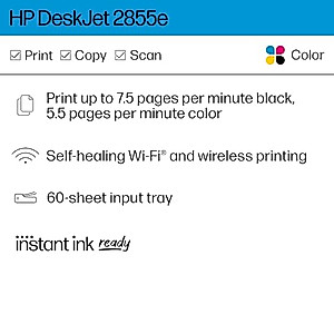 HP DeskJet 2855e Wireless All-in-One Color Inkjet Printer, Scanner, Copier, Best-for-home, 3 months of Instant Ink included (588S5A)