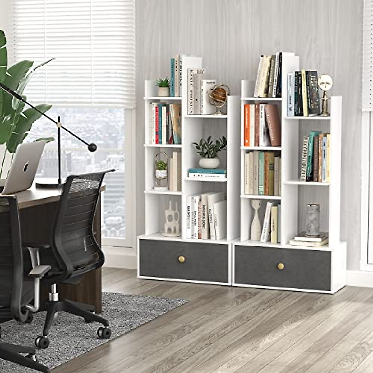 Unikito Bookshelf with Drawer Free Standing Bookcase, Office Storage Shelf Organizer with 7 Open Book Shelves, Industrial Wood Book Case Display Rack for Bedroom, Living Room, Home Office, White