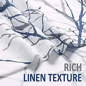 FMFUNCTEX Print Blue White Semi-Sheer Curtain Panels for Bedroom 63” Grey Tree Branch Printing on Linen Textured Window Treatment Set for Living Room Draperies 50”w 2-Pack