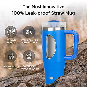 Tyeso 30 oz Tumbler with Handle, Straw and Lid - Leak Resistant Insulated Stainless Steel Water Bottle, Car Cup Holder Friendly Travel Coffee Mug Blue - Gifts for Men & Women