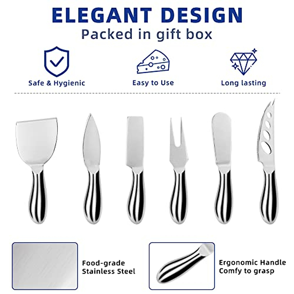 Outamateur 6-Piece Cheese Knives Set,Stainless Steel Cheese Knife Collection of Cheese Slicer/Cutter/Spreader/Fork for Family Parties,Cutlery Gift Set,Charcuterie Boards (6-Piece with SS Handle)