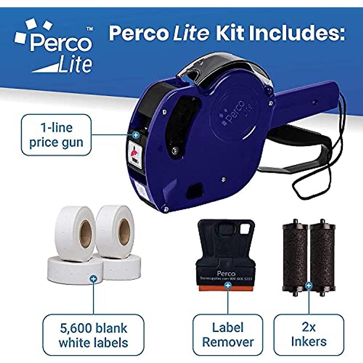 Perco Lite 1 Line Price Gun with Labels Kit - Includes 5,000 Blank White Labels, 2 Ink Rollers, 1 Ink roll and Labels Pre-Loaded
