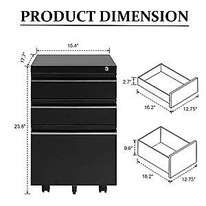 GOOGIC 3-Drawer Mobile File Cabinets Rolling Metal Filing Cabinet for Legal & Letter File Anti-tilt Design with Lock Under Desk Office Drawers Fully Assembled Except Casters Black