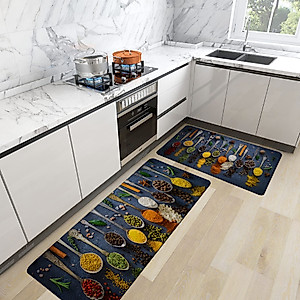 Spice Cooking Kitchen Mat Set 2 Pieces Artistic Colorful Kitchen Rug Farmhouse Non Slip Anti Fatigue Kitchen Rugs Comfort Standing Mats Runner Carpet for Sink, 17.3" x 28" + 17.3" x 47"