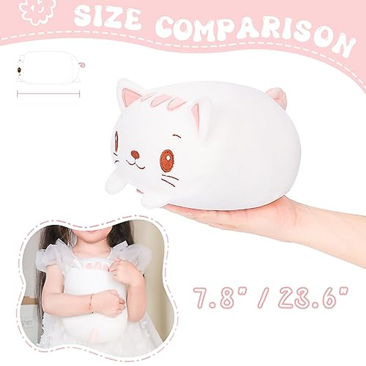 AIXINI 8 inch Cute White Cat Plush Stuffed Animal Cylindrical Body Pillow,Super Soft Cartoon Hugging Toy Gifts