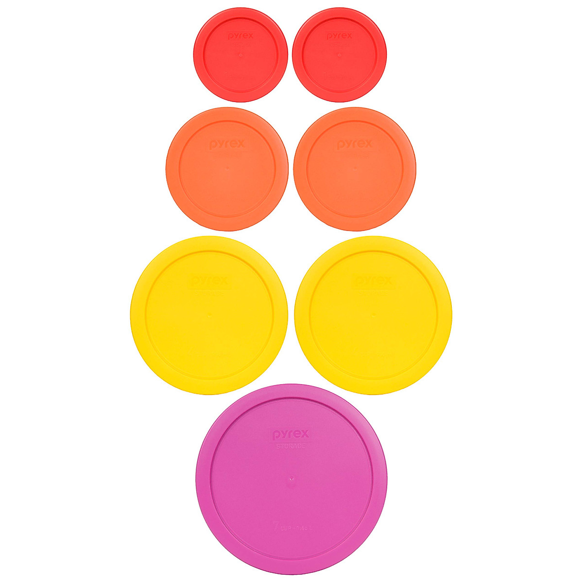 Pyrex 7202-PC (2) Red, 7200-PC (2) Orange, 7201-PC (2) Meyer Yellow, & 7402-PC (1) Pink 6/7 Cup Plastic Replacement Lid, Made in USA