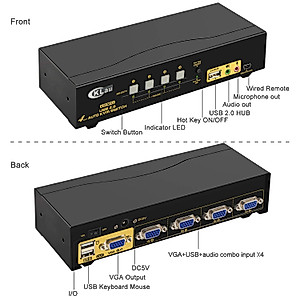 CKLau 4 Port 450MHz USB Auto VGA KVM Switch with Audio and Cables, Monitor Switch for Multiple Computers Support Windows, Linux, Mac, Debian, Ubuntu, Fedora, Raspbian, Ubuntu