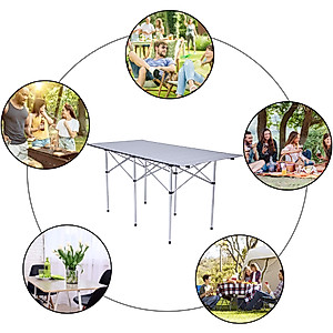 Koreyosh Folding Camping Picnic Table 55 Inches Portable Roll Up Lightweight Compact Aluminum Outdoor Table with Carry Bag for Party,Beach, BBQ, Buffet (Silver)
