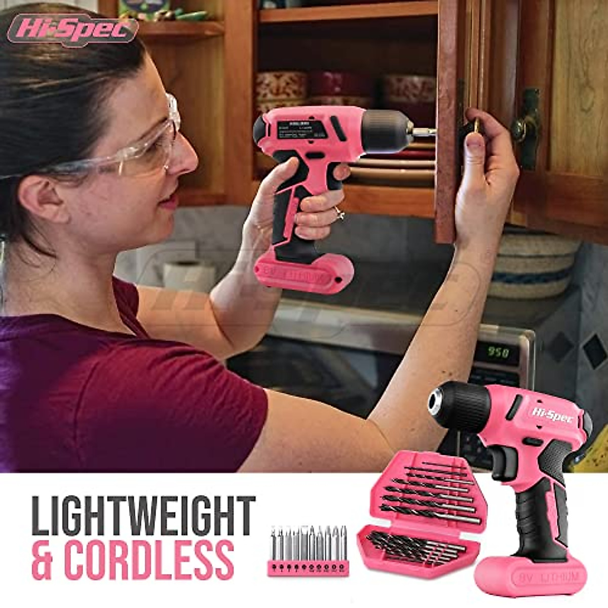 Hi-Spec 58pc Pink 8V USB Electric Drill Driver & Household Tool Kit Set With Variable Speed DIY Cordless Power Screwdriver