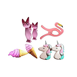 4 Set (8 Ct) Pink Ice Cream / Pink Unicorn / Pink Cat / Flamingo Beach Towel Clips Jumbo Size for Beach Chair, Cruise Beach Patio, Pool Accessories for Chairs, Household Clip, Baby Stroller