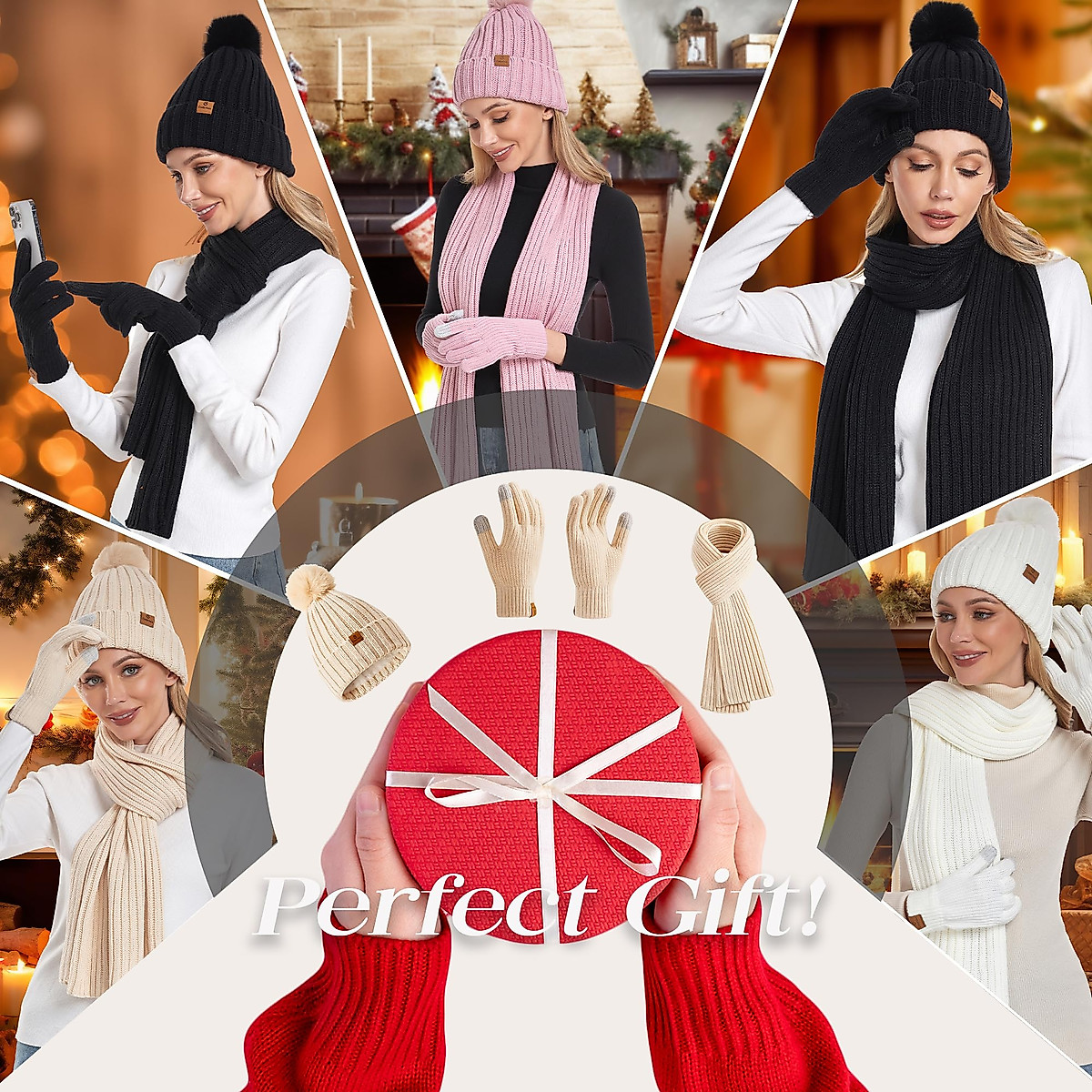 Coolprince Winter Beanie Hat Scarf Gloves Set for Women with Fleece Lined Womens Beanie with Pom Pom Long Scarf Neck Warmer Touchscreen Gloves for Women Men Dark Grey