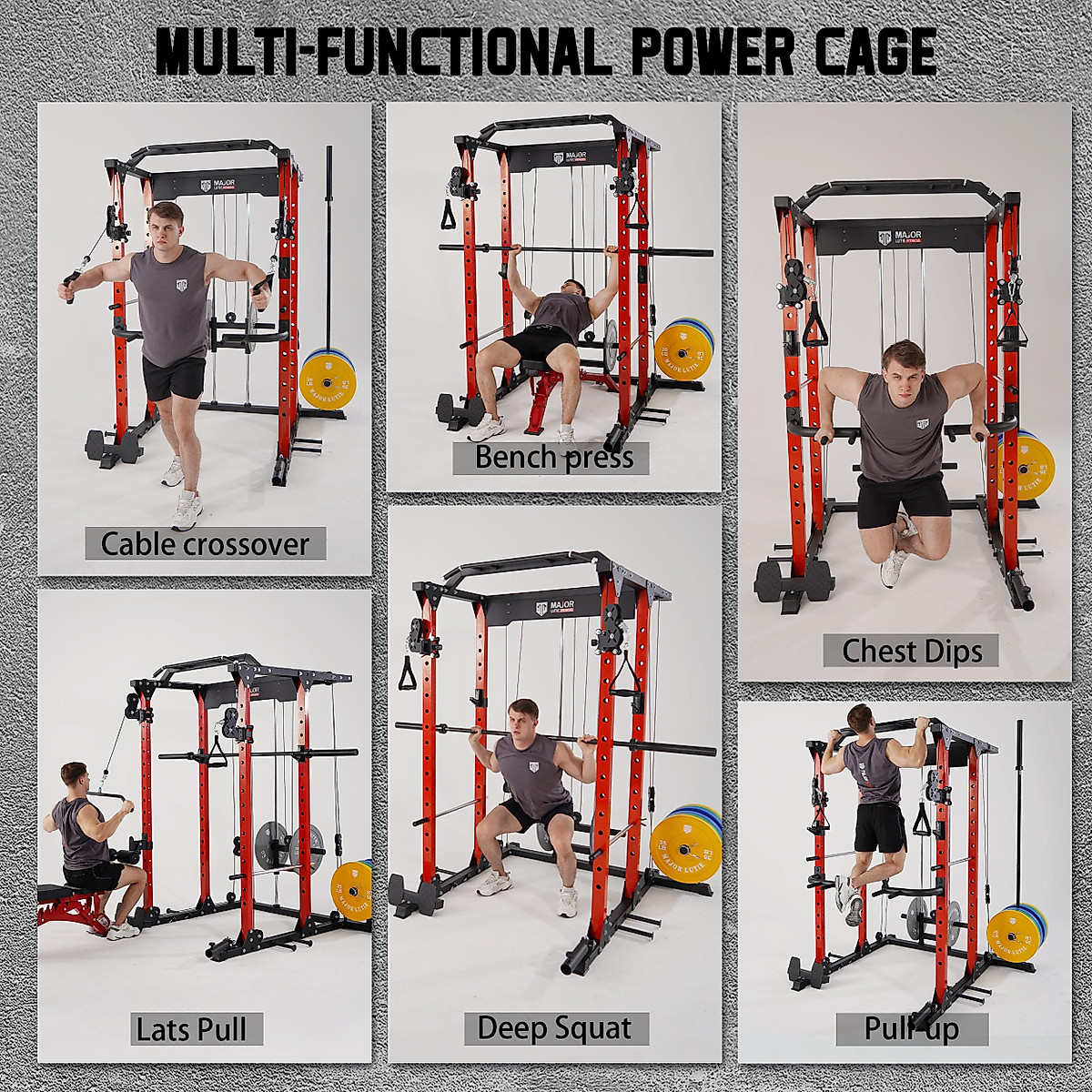 MAJOR LUTIE Power Cage, PLM03 1400 lbs Multi-Function Power Rack with Adjustable Cable Crossover System and More Training Attachment