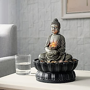 Haobos 9.4" Indoor Tabletop Fountain Exquisite Sitting Buddha Fountains Desk Water Fountain Decorative Zen Fountain w/Reflective Lighting/Cobblestone Office and Home Decor(21125B)