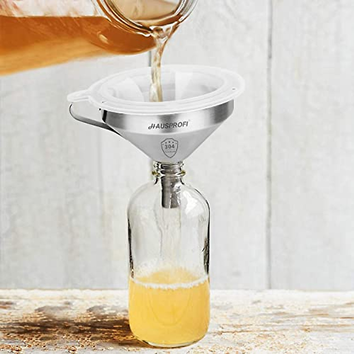 HAUSPROFI Stainless Steel Funnel, 5.1 inch 304 Stainless Steel Kitchen Funnel with 200 Mesh Food Filter Strainer,Metal Funnel for Filling Bottles Transferring Liquids, Oil, Making Jam