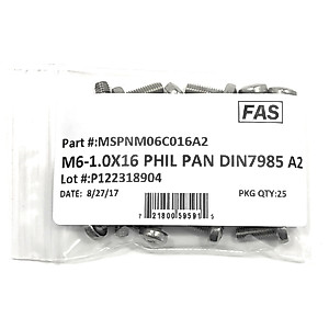 M6-1.00 x 16 Stainless Steel Phillips Pan Head Machine Screw DIN7985 A2 M6x16 (25 Pieces)
