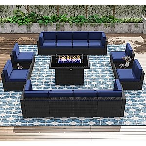 KHOLH Patio Furniture Set with Fire Pit Table, 15 Pieces Outdoor All-Weather Wicker Conversation Sectional Chair Sofa Set