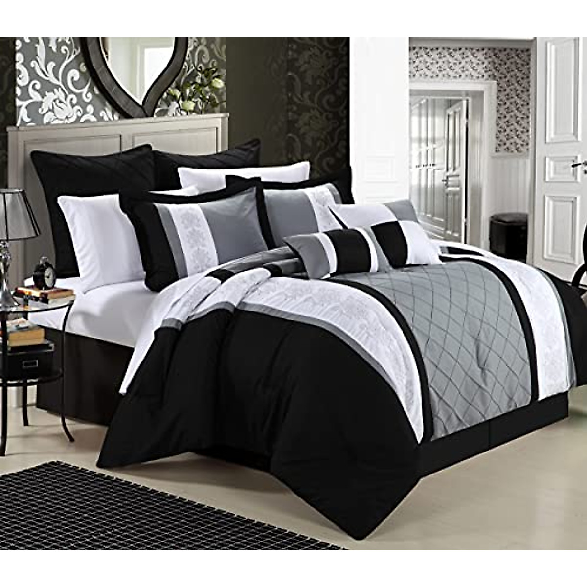 Chic Home 8-Piece Embroidery Comforter Set, Queen, Livingston Black