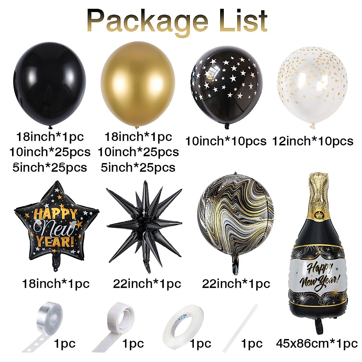 Happy New Year Party Decorations - 130pcs Black and Glod Balloon Garlands Arch Kit, Large Bottle Foil Balloon 2024 New Years Eve Party Background Anniversary Graduation Home Supplies (Black Gold)