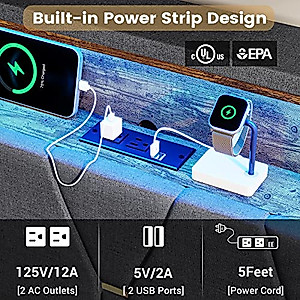 BTHFST Full Size Bed Frame with Outlets and USB Ports, Full Bed Frame with LED Lights, Upholstered Platform LED Bed Frame Full with Storage Shelf Headboard, No Box Spring Needed, Dark Grey