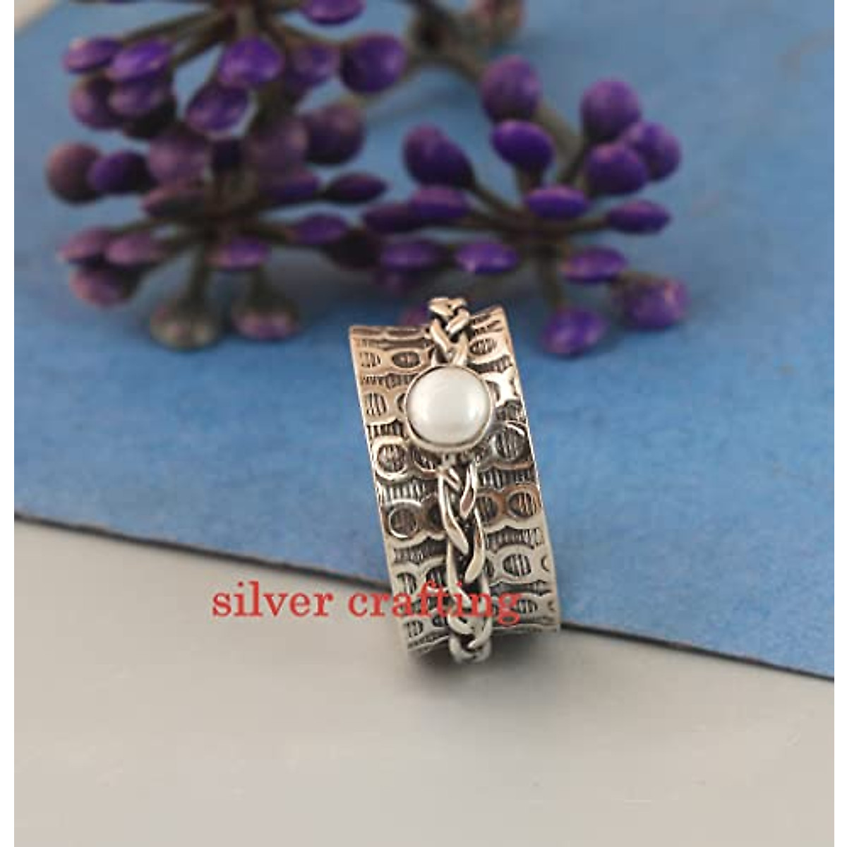 925 Sterling Silver Round Pearl Spinner Ring Handmade Silver Meditation Boho Worry Ring Valentine's Day Bridal Gift (9)