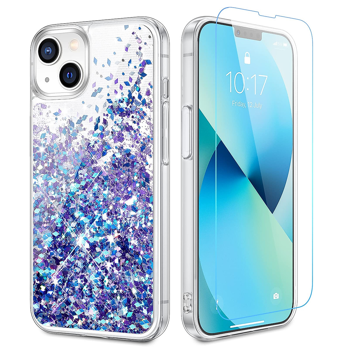Caka Case Compatible for iPhone 13 Mini Glitter Phone Case Girly Women Bling Sparkle Flowing Floating Quicksand Waterfall Clear Soft TPU Case Cover for iPhone 13 Mini (5.4 inches) (Blue Purple)