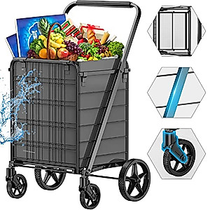 [2024 Upgrade] Shopping Cart for Groceries, 280 lbs Heavy Duty Large Grocery Cart with 360° Swivel Wheels, Waterproof Liner, Portable Foldable Utility Carts for Seniors,Laundry,Transport (Black)