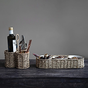 Creative Co-Op Hand-Woven Seagrass Basket with 6 oz. Ceramic Bowls, Set of 4 Tray, Natural, 4