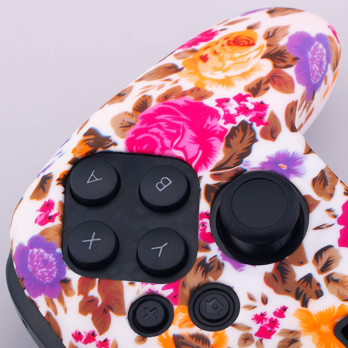 YoRHa Studded Silicone Transfer Print Cover Skin Case ONLY for Nitendo Official Switch Pro Controller x 1(Flowers) with Pro Thumb Grips x 8