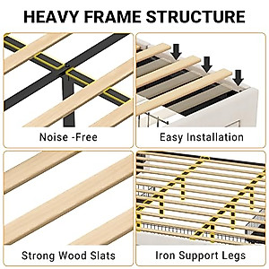 ANCTOR King Size Bed Frame with Storage Headboard and Charging Station, Upholstered Platform Bed with 3 Drawers, No Box Spring Needed, Easy Assembly, Beige