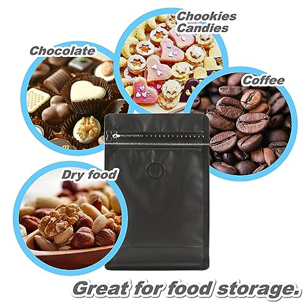 BAAGGNAA 60 Pack High Barrier Stand-Up Coffee Bean Bags with Vented Valve, Matte Metallic Ziplock, Heat-Sealable and Resealable Solid Color Pouches for Food Storage (5.3 * 10.4 inch,1 lb,Black)