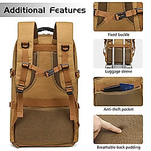 TUGUAN 50/60L Travel Backpack, Laptop Backpack for Men Large Capacity Outdoor Tactical Hiking Backpack with Shoe Compartment Expandable Canvas Rucksack for Travel Camping Climbing, Brown