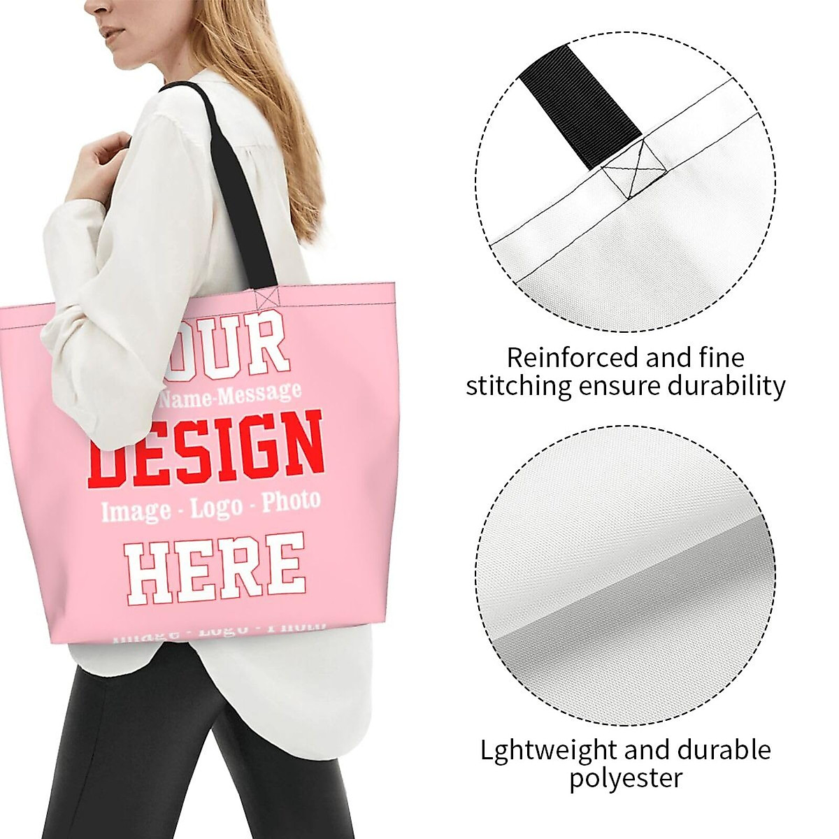 Personalized Tote Bag Women Custom Shopping Travel Beach Business Shoulder Bags Pink Customized Your Picture Logo Name Text Gifts Birthday Wedding Christmas
