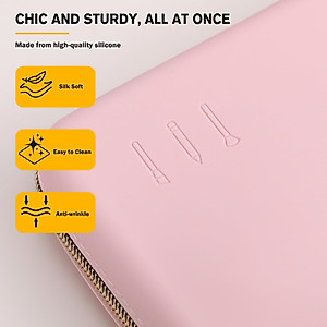 BEZOX Stylish Silicone Makeup Brush Bag - Travel Makeup Brush Holder, Portable Cosmetic Bag Zipper Pouch, Silicon Toiletry Bag Case - Pink