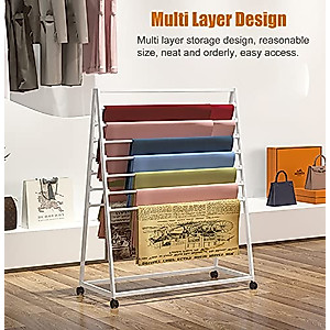Freestanding Movable Scarf Rack Stand/Wrapping Paper Storage Organziers with Wheels, Metal Modern Double-Side Tall Display Shelf for Flower Shop/Retail Stores/Craft Room