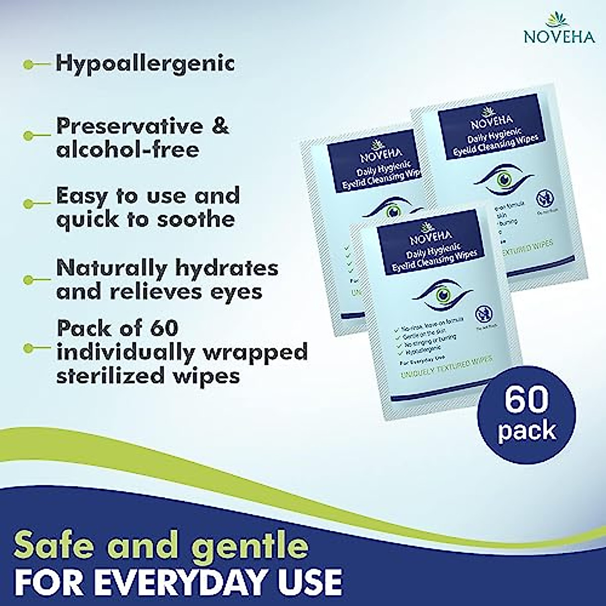 NOVEHA Daily Hygienic Eyelid & Lash Wipes | For Blepharitis & Itchy Eyes, Demodex | Box Of 60 Individually Wrapped Eyelash Wipes, Natural Makeup Remover & Daily Cleanser