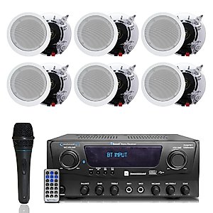 Home Theater System Kit 1000 Watts Bluetooth Receiver w/ 6 Qty 5.25" 175 Watts Each in-Wall in-Ceiling Speakers with Portable Microphone & Remote Control by Technical Pro